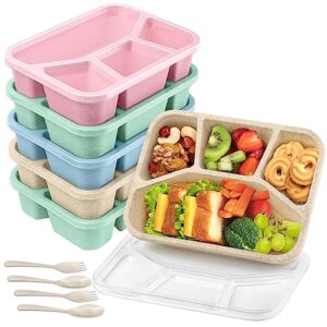 korlon 6 pack bento lunch box for kids 4 compartment wheat straw lunch containers for kids lunch boxes for school, work and travel with forks and spoons