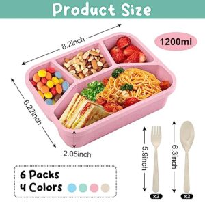 Korlon 6 Pack Bento Lunch Box for Kids 4 Compartment Wheat Straw Lunch Containers for Kids Lunch Boxes for School, Work and Travel with Forks and Spoons