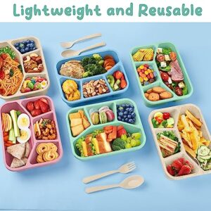 Korlon 6 Pack Bento Lunch Box for Kids 4 Compartment Wheat Straw Lunch Containers for Kids Lunch Boxes for School, Work and Travel with Forks and Spoons