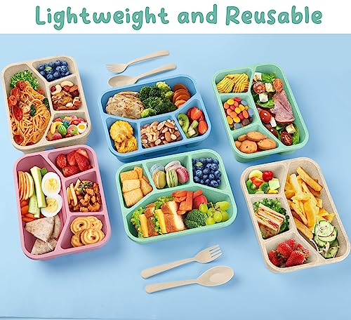 Korlon 6 Pack Bento Lunch Box for Kids 4 Compartment Wheat Straw Lunch Containers for Kids Lunch Boxes for School, Work and Travel with Forks and Spoons