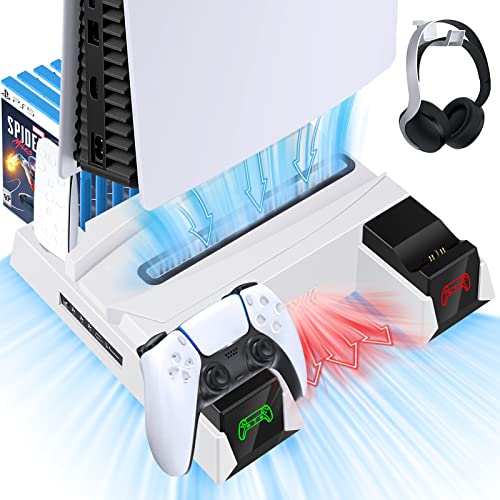 ARyee PS5 Stand PS5 Accessories Cooling Station and Dual Controller Charging Station for Playstation 5 Console, Compact PS5 Accessories with Cooling Fan, Controller Charger, Media Slot, Screw