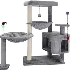 YOUPET 33.46" Height Cat Tree with Cat Condo Big Hammock and Two Replacement Spring Balls,Grey …