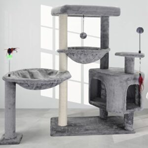 YOUPET 33.46" Height Cat Tree with Cat Condo Big Hammock and Two Replacement Spring Balls,Grey …