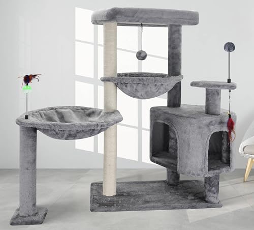 YOUPET 33.46" Height Cat Tree with Cat Condo Big Hammock and Two Replacement Spring Balls,Grey …