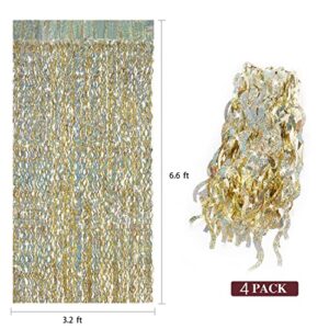 4 Pack Champagne Gold Fringe Curtain Backdrop - CYLMFC 3.3 ft x 6.6 ft Shimmer Wavy Foil Curtain for Birthday Party, Yellow Fringe Curtain Streamers Party Decorations