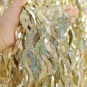 4 Pack Champagne Gold Fringe Curtain Backdrop - CYLMFC 3.3 ft x 6.6 ft Shimmer Wavy Foil Curtain for Birthday Party, Yellow Fringe Curtain Streamers Party Decorations