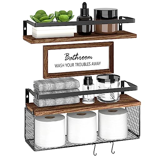 Floating Shelves, Bathroom Shelves Over Toilet with Wall Décor Sign, Wood Wall Shelves with Protective Metal Guardrail & Paper Storage Basket for Bathroom, Bedroom, Living Room, Kitchen (Black Walnut)