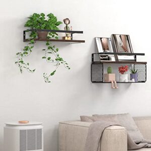 Floating Shelves, Bathroom Shelves Over Toilet with Wall Décor Sign, Wood Wall Shelves with Protective Metal Guardrail & Paper Storage Basket for Bathroom, Bedroom, Living Room, Kitchen (Black Walnut)