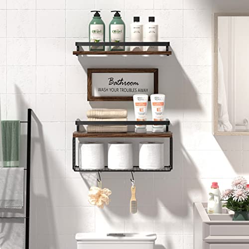 Floating Shelves, Bathroom Shelves Over Toilet with Wall Décor Sign, Wood Wall Shelves with Protective Metal Guardrail & Paper Storage Basket for Bathroom, Bedroom, Living Room, Kitchen (Black Walnut)