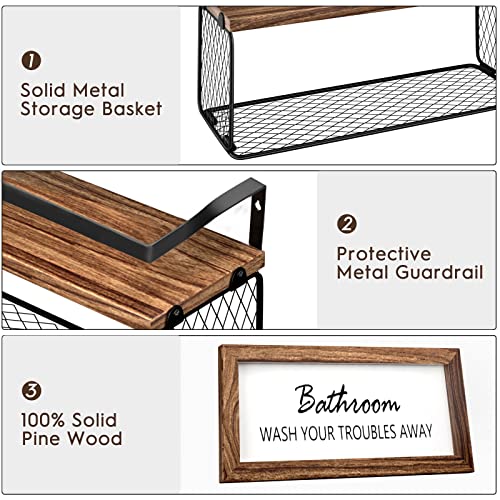 Floating Shelves, Bathroom Shelves Over Toilet with Wall Décor Sign, Wood Wall Shelves with Protective Metal Guardrail & Paper Storage Basket for Bathroom, Bedroom, Living Room, Kitchen (Black Walnut)