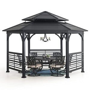 sunjoy 15 x 15 ft. hardtop gazebo, outdoor macomb hexagon gazebo, hexagon double tiered metal gazebo with decorative fence, dual rails, and ceiling hook for patio, garden, backyard shade