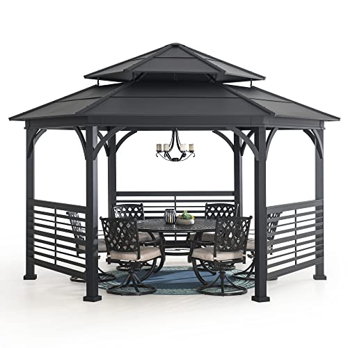 Sunjoy 15 x 15 ft. Hardtop Gazebo, Outdoor Macomb Hexagon Gazebo, Hexagon Double Tiered Metal Gazebo with Decorative Fence, Dual Rails, and Ceiling Hook for Patio, Garden, Backyard Shade