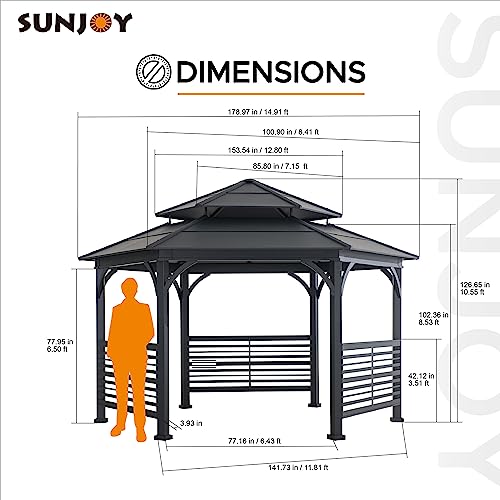 Sunjoy 15 x 15 ft. Hardtop Gazebo, Outdoor Macomb Hexagon Gazebo, Hexagon Double Tiered Metal Gazebo with Decorative Fence, Dual Rails, and Ceiling Hook for Patio, Garden, Backyard Shade