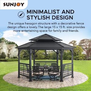 Sunjoy 15 x 15 ft. Hardtop Gazebo, Outdoor Macomb Hexagon Gazebo, Hexagon Double Tiered Metal Gazebo with Decorative Fence, Dual Rails, and Ceiling Hook for Patio, Garden, Backyard Shade