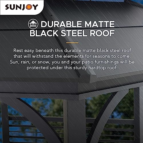 Sunjoy 15 x 15 ft. Hardtop Gazebo, Outdoor Macomb Hexagon Gazebo, Hexagon Double Tiered Metal Gazebo with Decorative Fence, Dual Rails, and Ceiling Hook for Patio, Garden, Backyard Shade