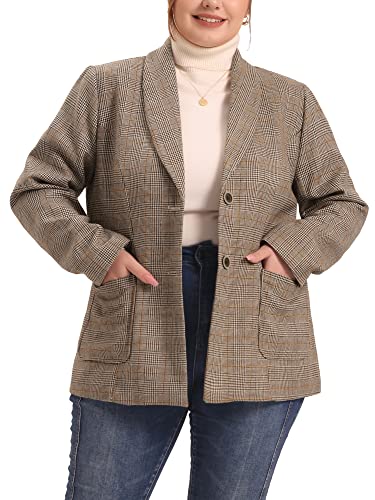 Agnes Orinda Plus Size Plaid Blazer for Women Lapel Jacket Work Office Single Breasted Blazers 2X Brown