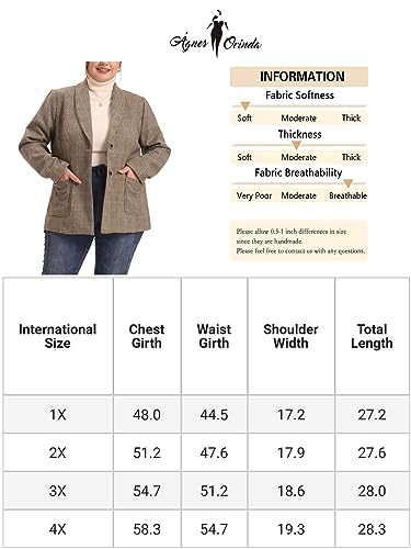 Agnes Orinda Plus Size Plaid Blazer for Women Lapel Jacket Work Office Single Breasted Blazers 2X Brown