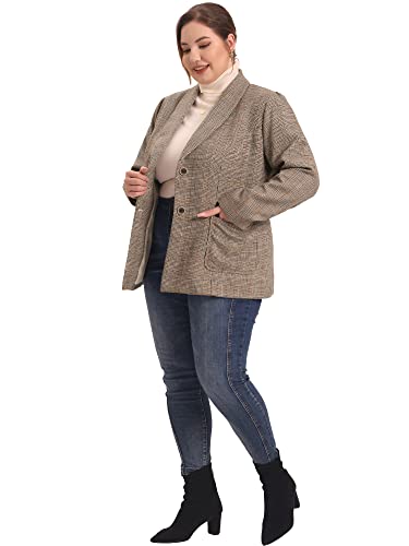 Agnes Orinda Plus Size Plaid Blazer for Women Lapel Jacket Work Office Single Breasted Blazers 2X Brown