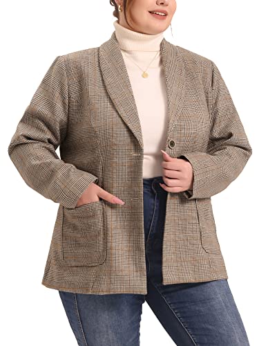 Agnes Orinda Plus Size Plaid Blazer for Women Lapel Jacket Work Office Single Breasted Blazers 2X Brown