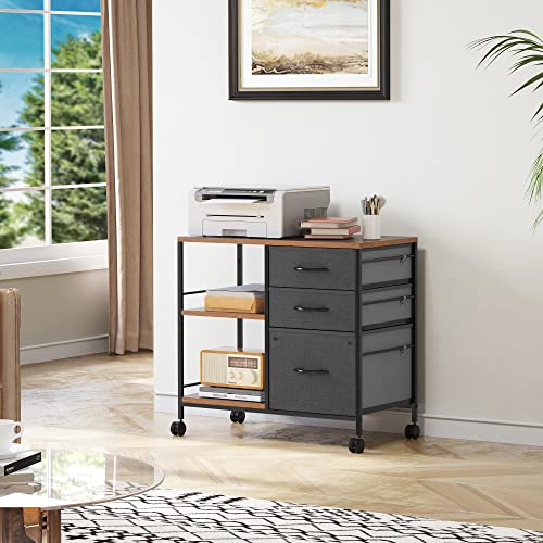 YITAHOME 3 Drawer File Cabinet, Mobile Printer Stand with Open Storage Shelf, Lateral Fabric File Cabinet for Home Office, Rolling File Cabinet Fits A4/Letter Size (Dark Grey)