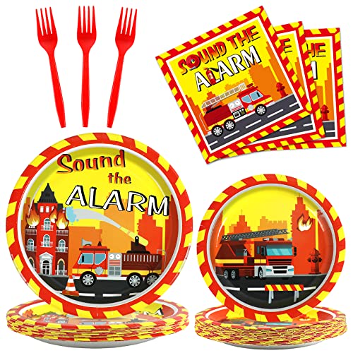 25 Guests Firetruck Birthday Party Decorations Fireman Plates and Napkins for Firefighter Party Supplies Fire Truck Birthday Theme Disposable Dinnerware Set for Kids Fireman Firefighter Party Favors