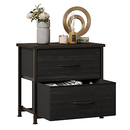 LUMTOK Nightstand with Drawer, 2 Drawers Dresser for Bedroom, Small Night Stand and Dressers Sets with 2 Fabric Drawers, End Table with Drawer for Living Room - Black Wood Veins (1PCS)