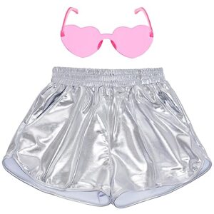 bskifnn metallic shorts for girls sparkly hot dance pants with heart shape sunglasses (as1, age, 6_years, 7_years, sliver)