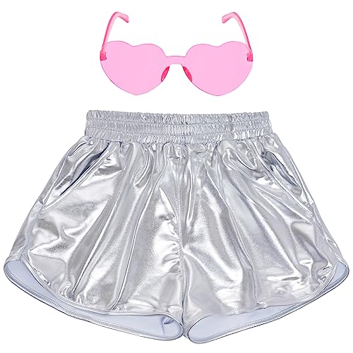 Bskifnn Metallic Shorts for Girls Sparkly Hot Dance Pants with Heart Shape Sunglasses (as1, Age, 6_Years, 7_Years, Sliver)