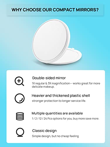 Getinbulk Compact Mirror Bulk, Small Pocket Makeup Round Mirror Double-Sided 1X/3X Magnifying PU Leather (White, 2.7 inches)