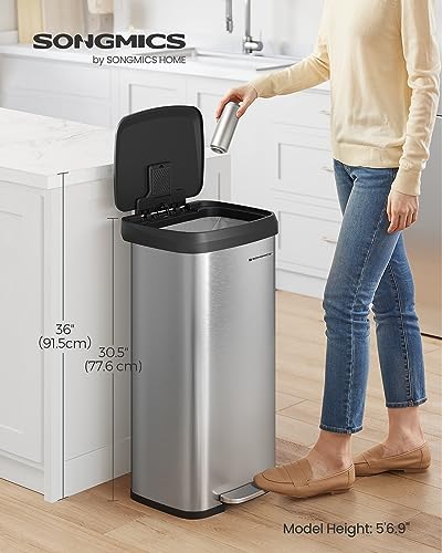 SONGMICS Kitchen Trash Can, 18-Gallon Stainless Steel Garbage Can, with Stay-Open Lid and Step-on Pedal, Soft Closure, Tall, Large and Space-Saving, Silver and Black ULTB520E68