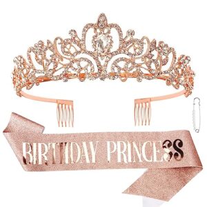 cieher princess crown and birthday sash set, birthday crown birthday girl crown birthday tiara for women birthday princess crown birthday decorations birthday sash for girls birthday gifts - rose gold