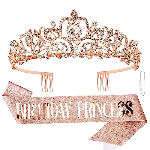 CIEHER Princess Crown and Birthday Sash Set, Birthday Crown Birthday Girl Crown Birthday Tiara for Women Birthday Princess Crown Birthday Decorations Birthday Sash for Girls Birthday Gifts - Rose Gold