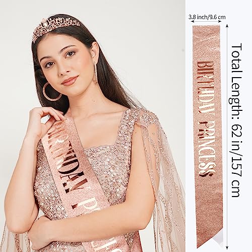 CIEHER Princess Crown and Birthday Sash Set, Birthday Crown Birthday Girl Crown Birthday Tiara for Women Birthday Princess Crown Birthday Decorations Birthday Sash for Girls Birthday Gifts - Rose Gold