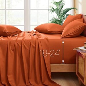 horbaunal extra deep pocket queen sheets - fits mattress 18-24 inches deep - 6 pieces hotel luxury 1800 thread count microfiber sheet set - ultra soft burnt orange queen size bed sheets