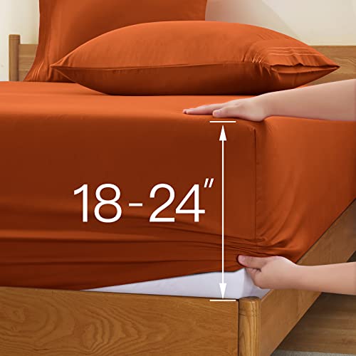 Horbaunal Extra Deep Pocket Queen Sheets - Fits Mattress 18-24 Inches Deep - 6 Pieces Hotel Luxury 1800 Thread Count Microfiber Sheet Set - Ultra Soft Burnt Orange Queen Size Bed Sheets