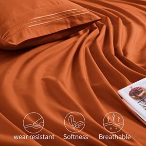 Horbaunal Extra Deep Pocket Queen Sheets - Fits Mattress 18-24 Inches Deep - 6 Pieces Hotel Luxury 1800 Thread Count Microfiber Sheet Set - Ultra Soft Burnt Orange Queen Size Bed Sheets