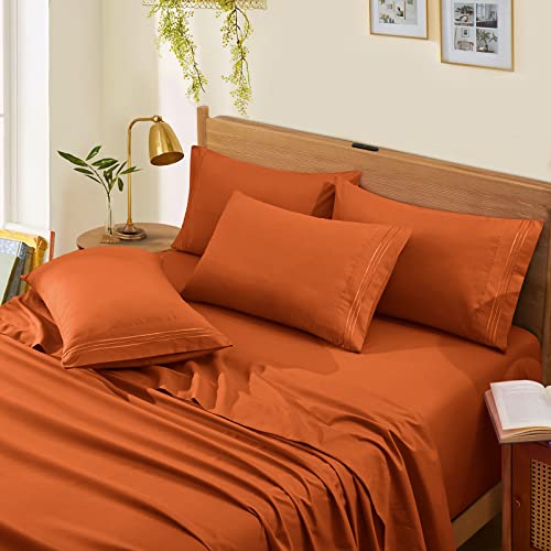 Horbaunal Extra Deep Pocket Queen Sheets - Fits Mattress 18-24 Inches Deep - 6 Pieces Hotel Luxury 1800 Thread Count Microfiber Sheet Set - Ultra Soft Burnt Orange Queen Size Bed Sheets