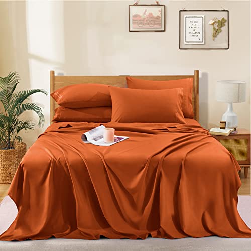 Horbaunal Extra Deep Pocket Queen Sheets - Fits Mattress 18-24 Inches Deep - 6 Pieces Hotel Luxury 1800 Thread Count Microfiber Sheet Set - Ultra Soft Burnt Orange Queen Size Bed Sheets