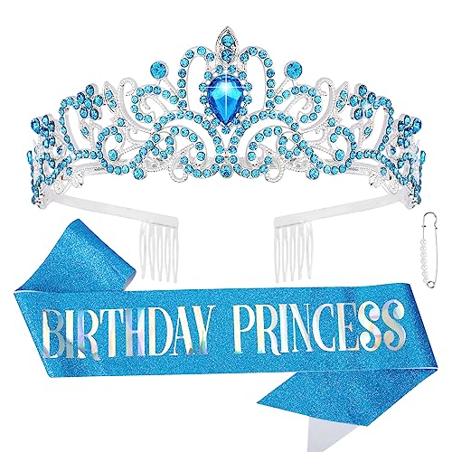 CIEHER Princess Crown and Birthday Sash Set, Blue Birthday Crown Birthday Girl Crown Birthday Tiara for Women Birthday Decorations for Girls Happy Birthday Accessories Birthday Gifts