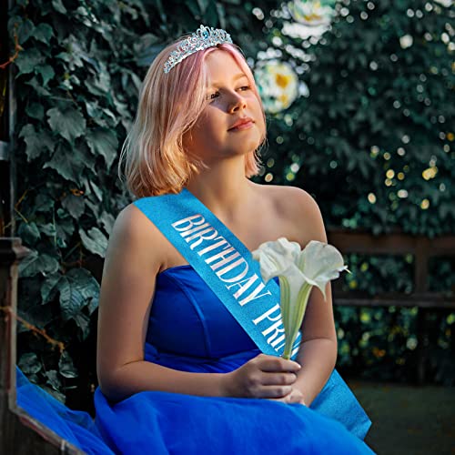 CIEHER Princess Crown and Birthday Sash Set, Blue Birthday Crown Birthday Girl Crown Birthday Tiara for Women Birthday Decorations for Girls Happy Birthday Accessories Birthday Gifts