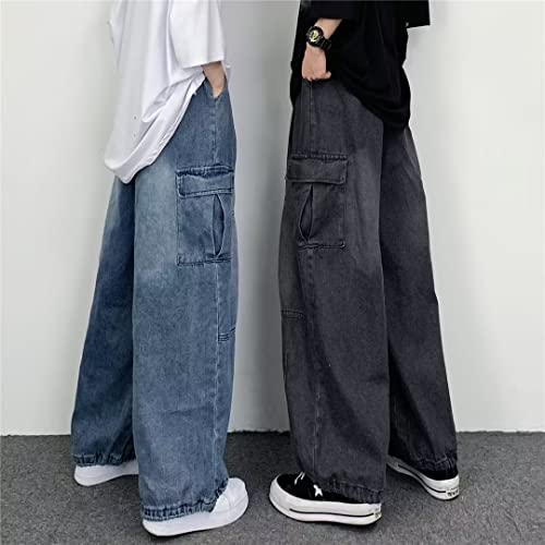 Women's Grunge Baggy Jeans Y2K Wide Leg Cargo Denim Pant Emo Fairycore High Waist Jogger Sweatpants Alt Punk Clothing (Blue,XL)