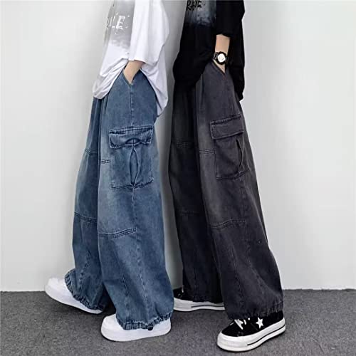 Women's Grunge Baggy Jeans Y2K Wide Leg Cargo Denim Pant Emo Fairycore High Waist Jogger Sweatpants Alt Punk Clothing (Blue,XL)