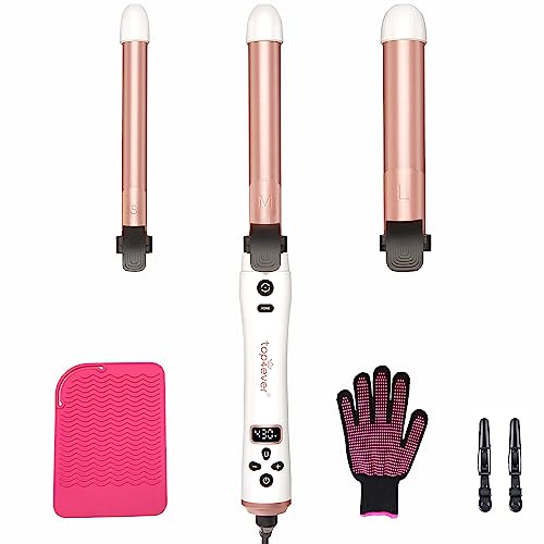 3 in 1 Auto Rotating Curling Iron - TOP4EVER Automatic Hair Curler with Interchangeable Curling Wand (0.75", 1", 1.25"), Adjustable Temp, Instant Heat Hair Styling Hot Tools for All Hair Types