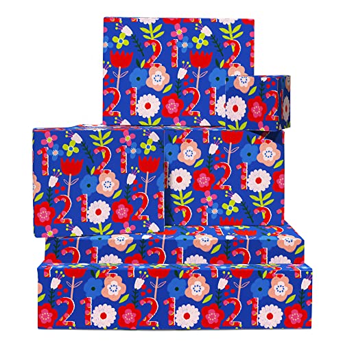 CENTRAL 23 Floral Wrapping Paper - 6 Sheet of Gift Wrap - 21st Wrapping Paper for Her Women Girls - Blue Red - For Girlfriend - Age 21 - Comes with Fun Stickers