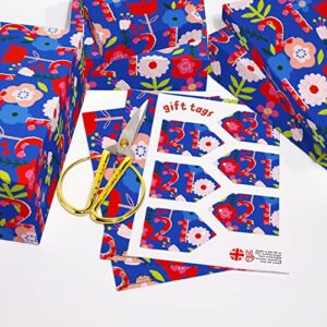 CENTRAL 23 Floral Wrapping Paper - 6 Sheet of Gift Wrap - 21st Wrapping Paper for Her Women Girls - Blue Red - For Girlfriend - Age 21 - Comes with Fun Stickers