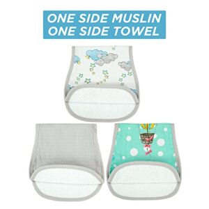 DREAMS & DIMPLES 3 Pack Muslin Burp Cloths - 1 Side Muslin, 1 Side Towel, Gender Neutral Colors, 3 Layered Muslin Burp Rags, Large Wide Shoulder, Absorbent & Soft Burping Cloths (Dream World)