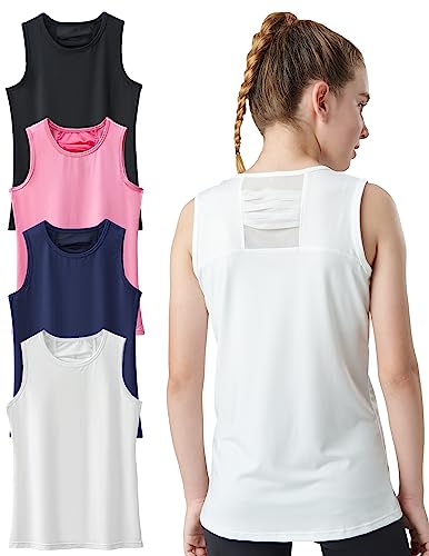 4 Pack Youth Girls Athletic Tank Tops Dry Fit Active Performance Tech Sleeveless Shirts (Set 2, Medium)