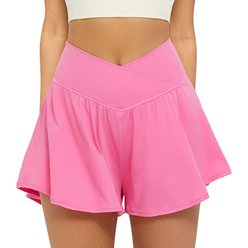 FireSwan Crossover Athletic Shorts for Women 2 in 1 Flowy Running Shorts with Pockets Spandex Butterfly Workout Tennis Skorts Pink