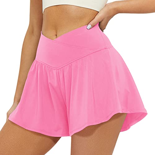 FireSwan Crossover Athletic Shorts for Women 2 in 1 Flowy Running Shorts with Pockets Spandex Butterfly Workout Tennis Skorts Pink