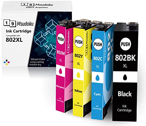 Msudoku 802XL Ink Cartridges Remanufactured Replacement for Epson 802 Ink Cartridges Combo Pack 802XL T802XL T802 Use with Workforce Pro WF-4730 WF-4740 WF-4734 Printers（4 Pack）